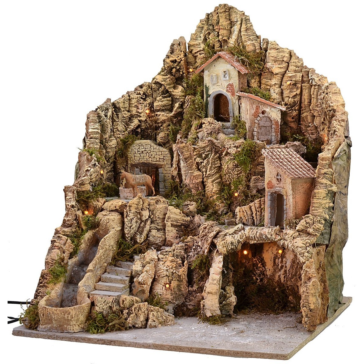 Illuminated nativity scene with functioning waterfall and