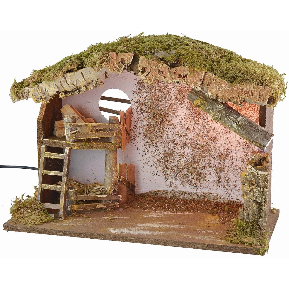 Illuminated hut with barn and woodshed for nativity scene